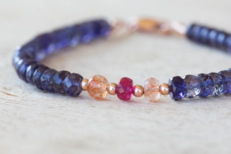 Iolite Bracelet With Ruby & Sunstone Sterling Silver or Rose | Etsy