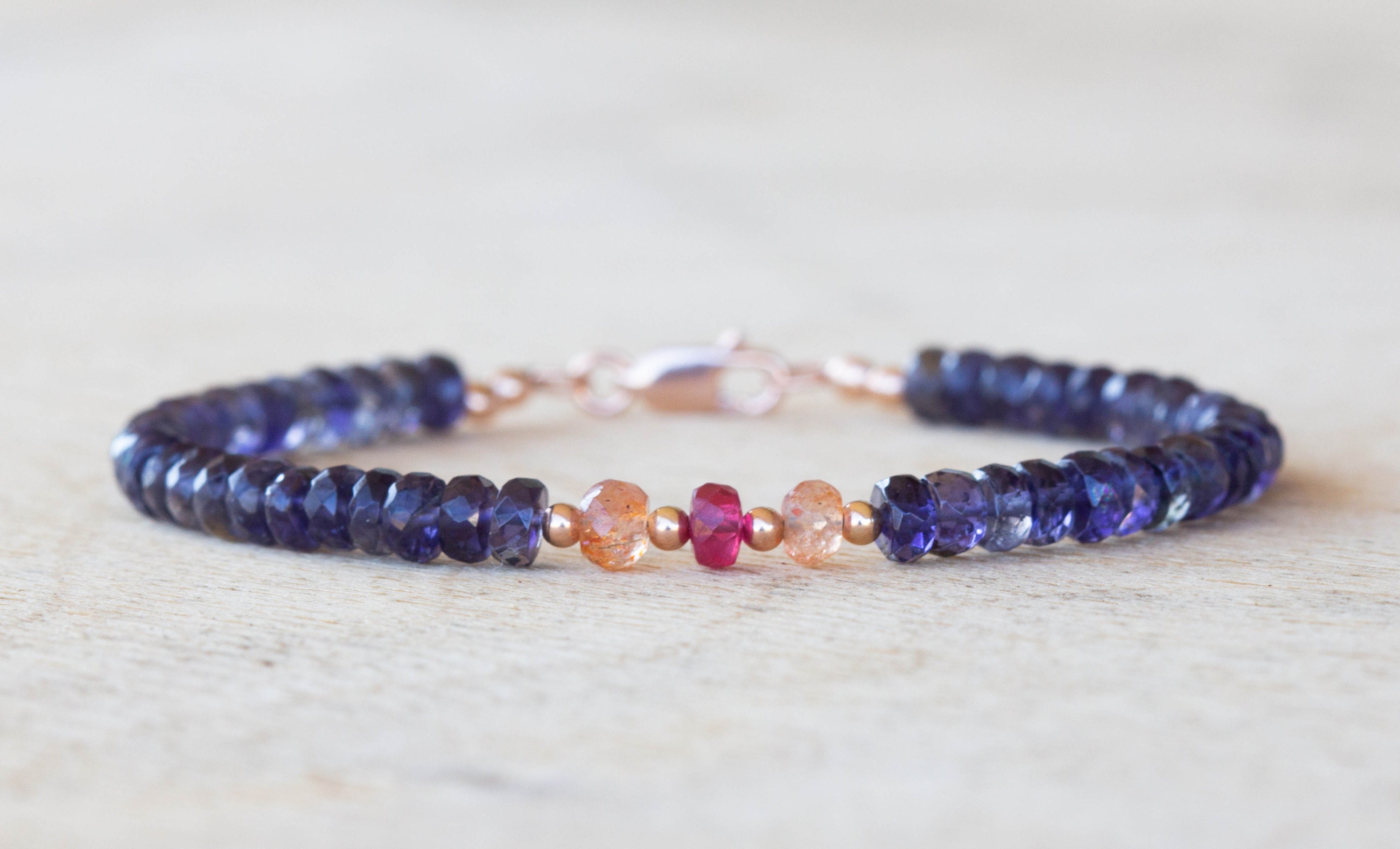 Iolite Bracelet With Ruby & Sunstone Sterling Silver or Rose | Etsy