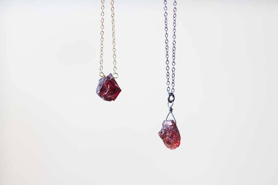 Small Raw Garnet Necklace on Gold Filled Oxidized Sterling or - Etsy