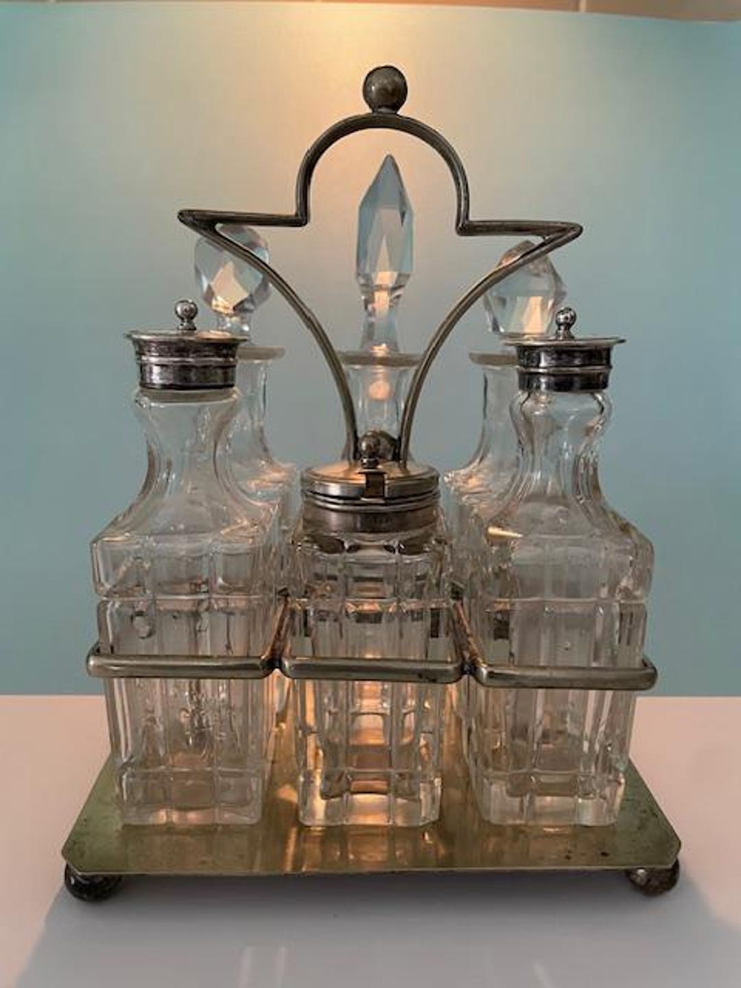 Silverplate Cruet Set -7 Piece With Footed Caddy and 6 Glass Bottles - Etsy