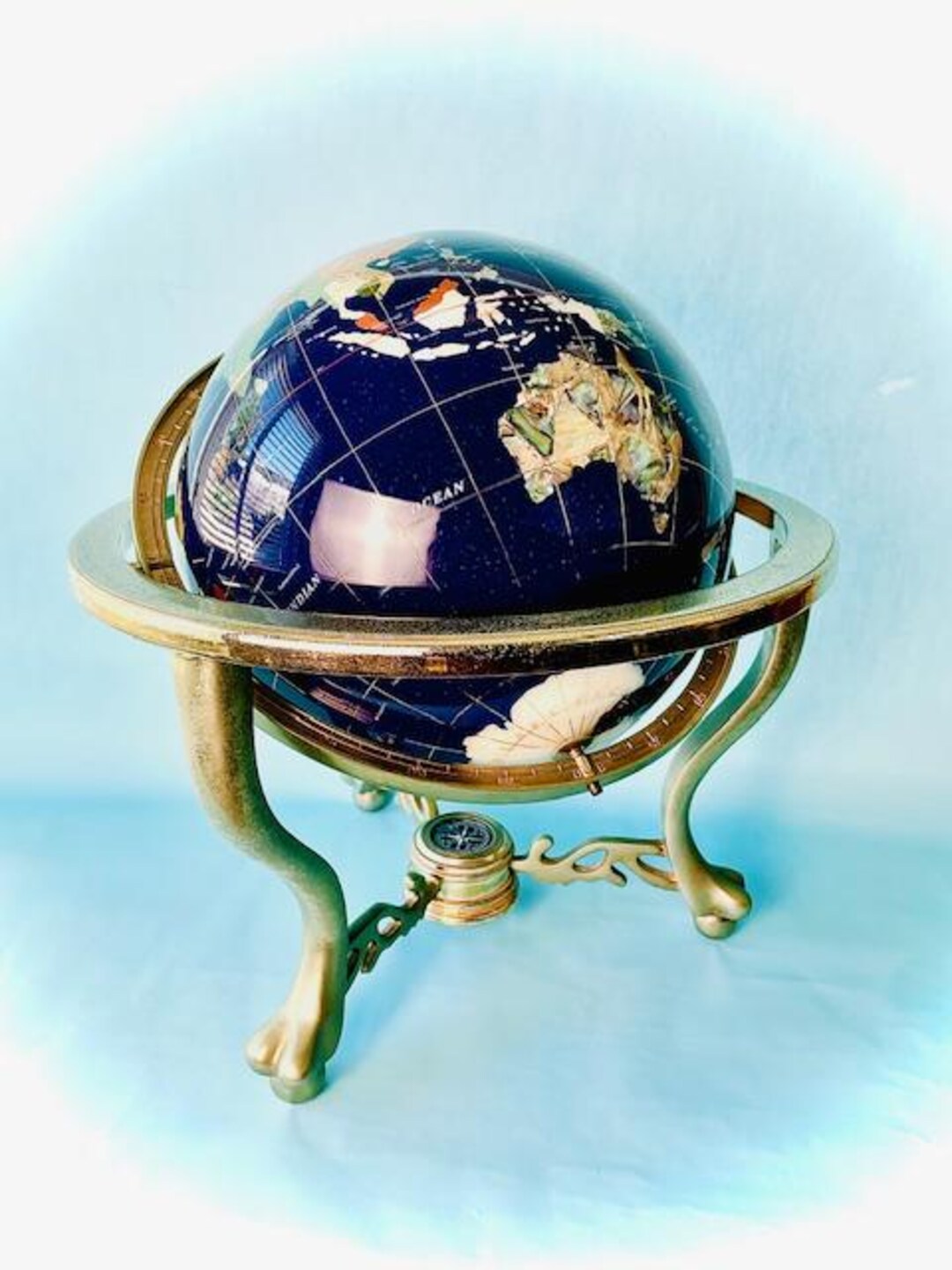 10" Blue Ocean Table Top Gemstone World Globe With Gold Color Tripod - Etsy