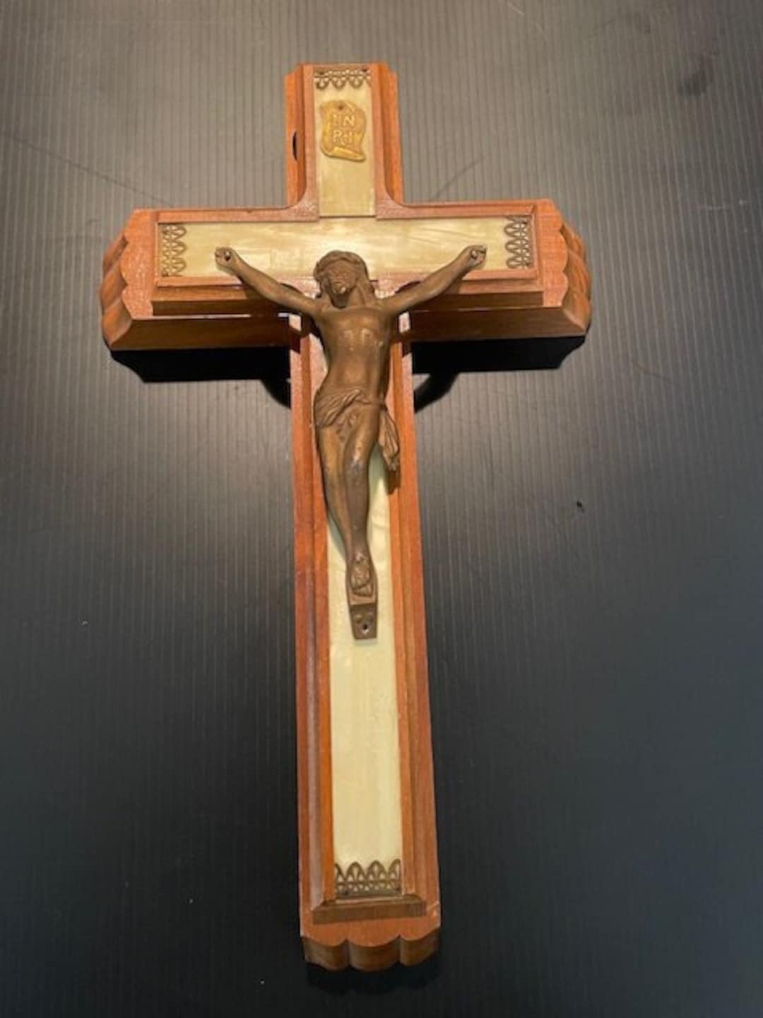 Vintage Catholic Wood Sick Call Crucifix Box Inlaid Faux Mother of ...