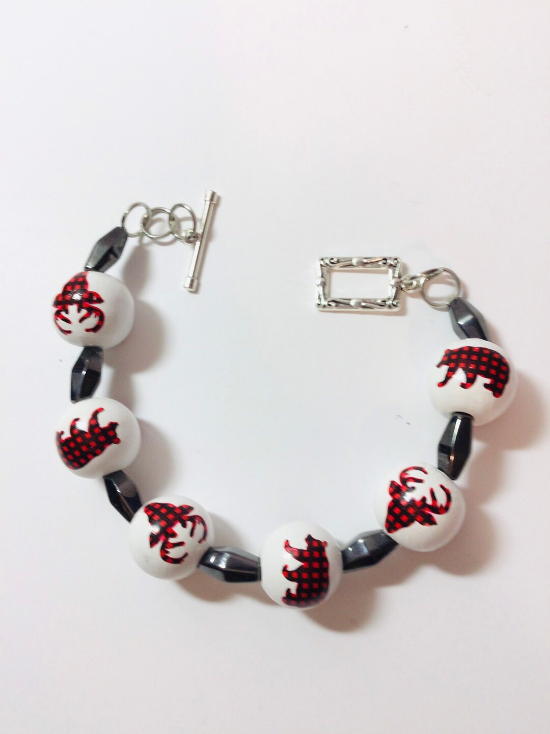 Black and Red Plaid Bears and Moose Bracelet, Woodsy Theme, Wildlife ...