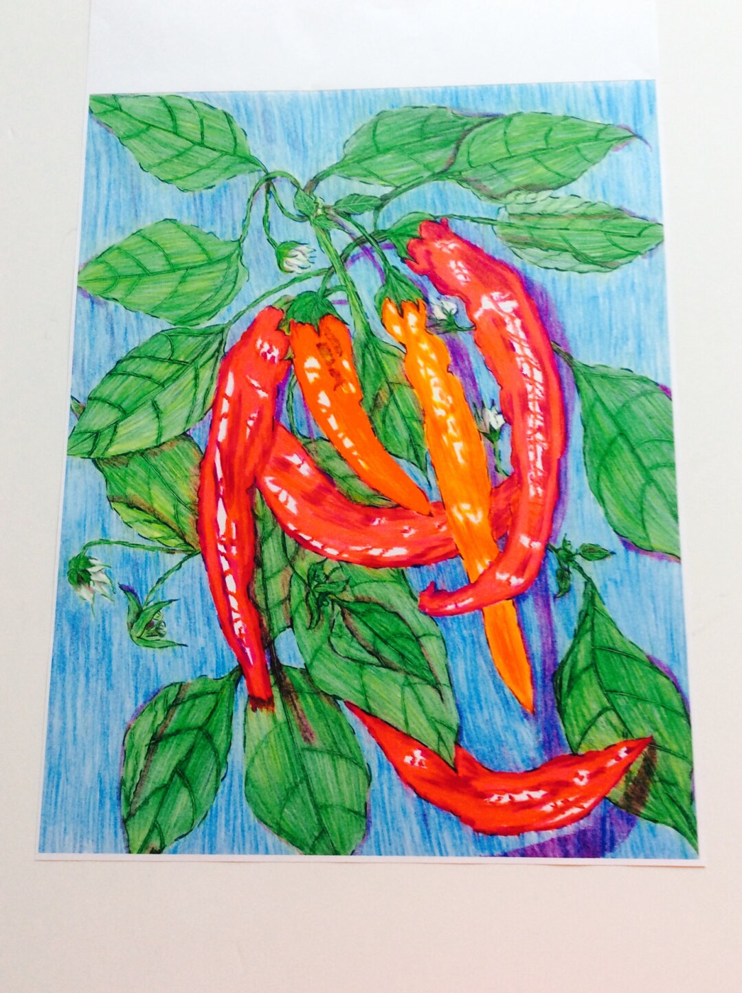 Pepper Plant Print, Kitchen Art, Red Pepper Art, Red and Orange Peppers ...