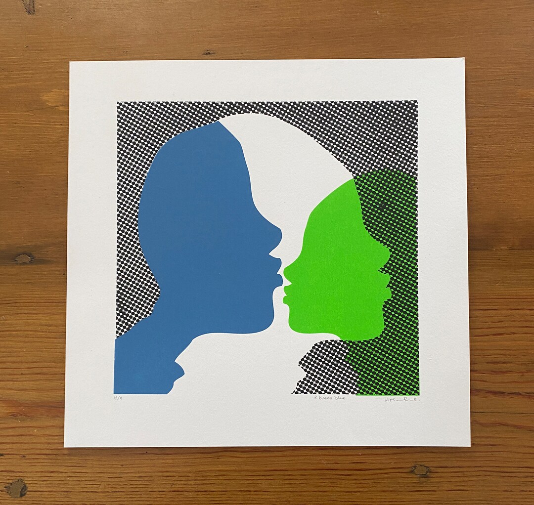 3 Kisses Blue Original Screen Print Wall Art - Etsy