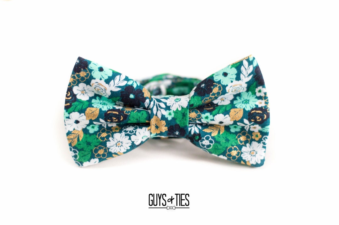 Dark Green Floral Bow Tie, Mens Emerald Bow Ties, Mini Gold Flowers Tie ...