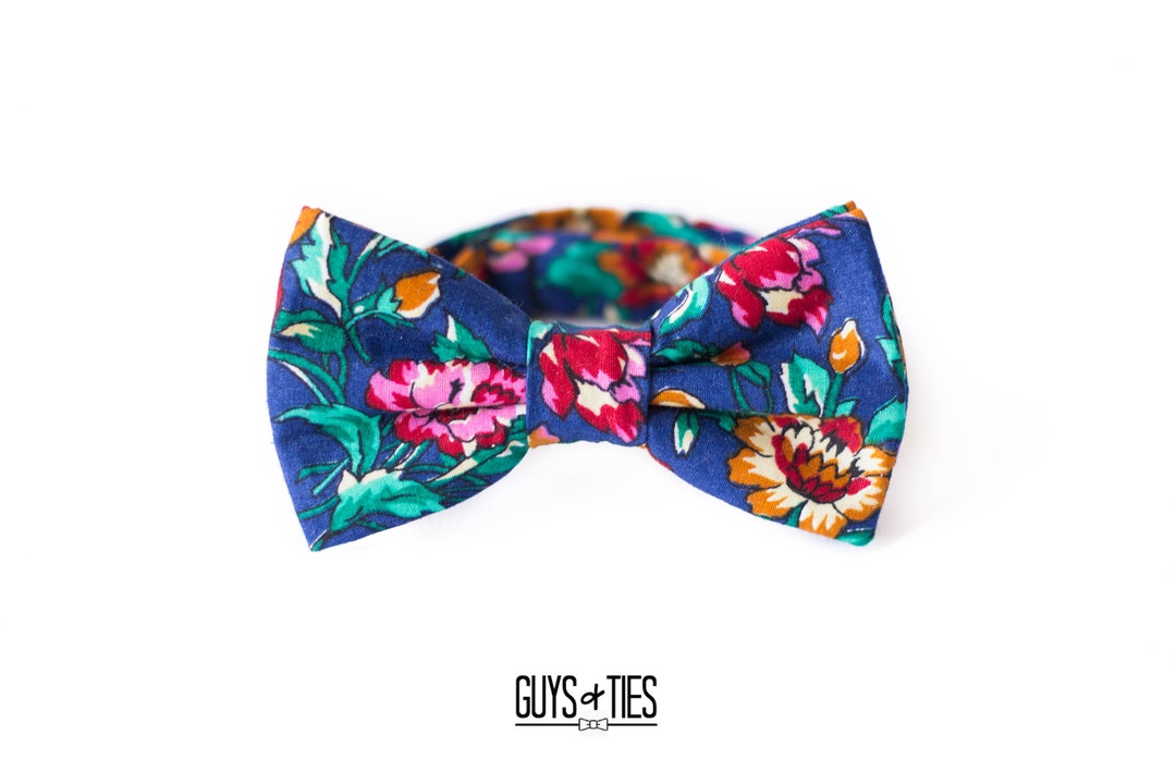 Vintage Floral Bow Tie, Mens Navy Blue Bowtie, Deep Blue Pink Gold ...