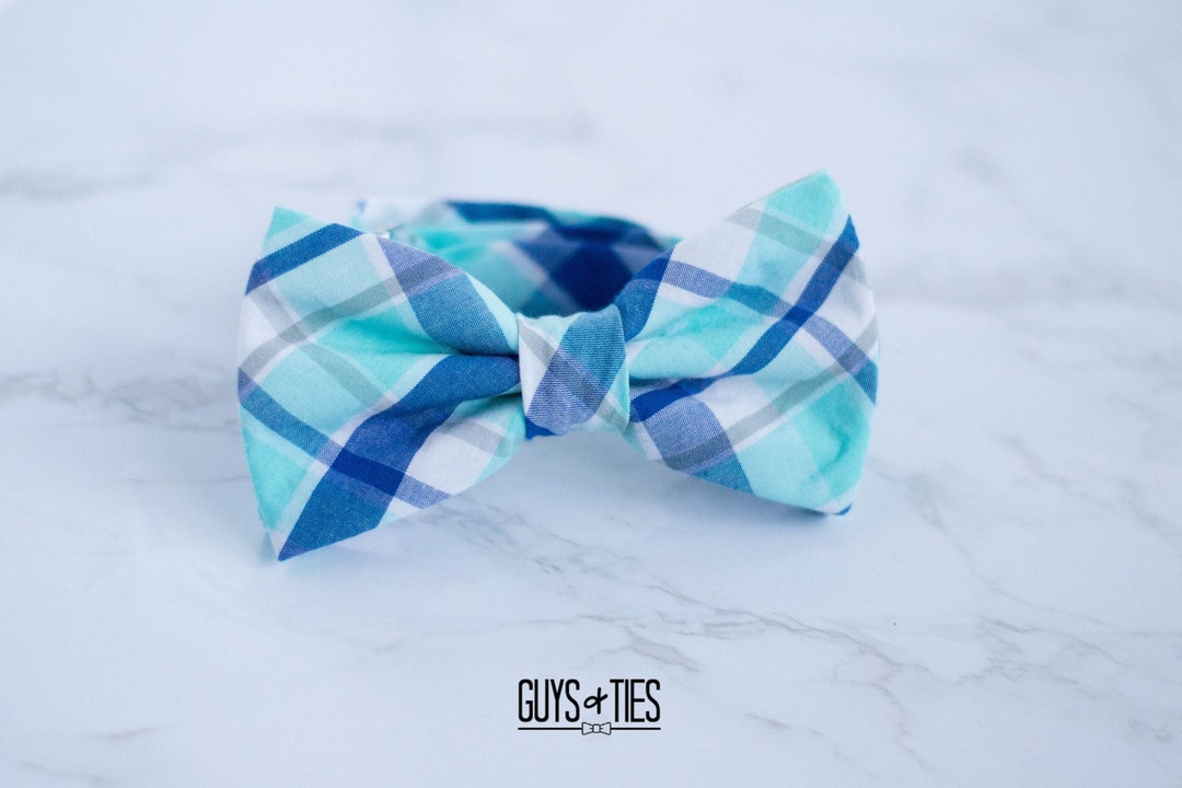 Aqua and Royal Blue Plaid Bow Tie, Preppy Bow Ties for Men, Boys Plaid ...
