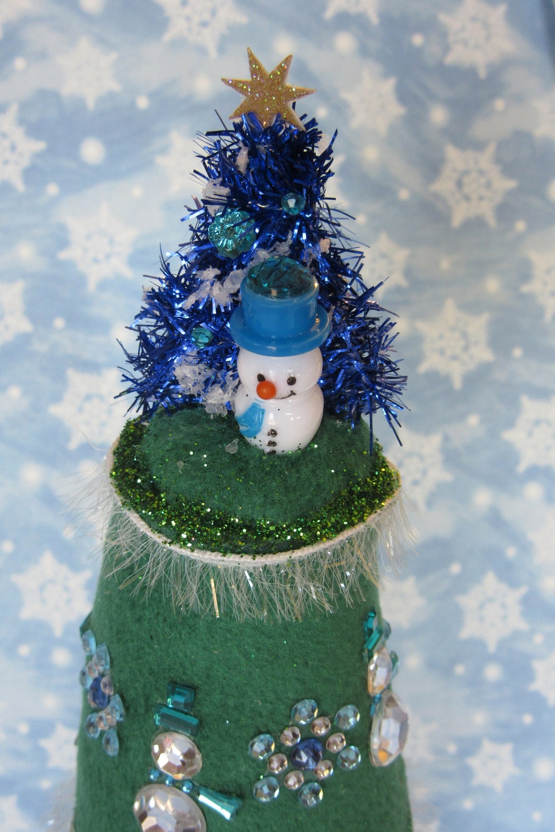 Christmas Tree Blue Snowmen-theme Desk-top Miniature, Hand Made, 14 ...