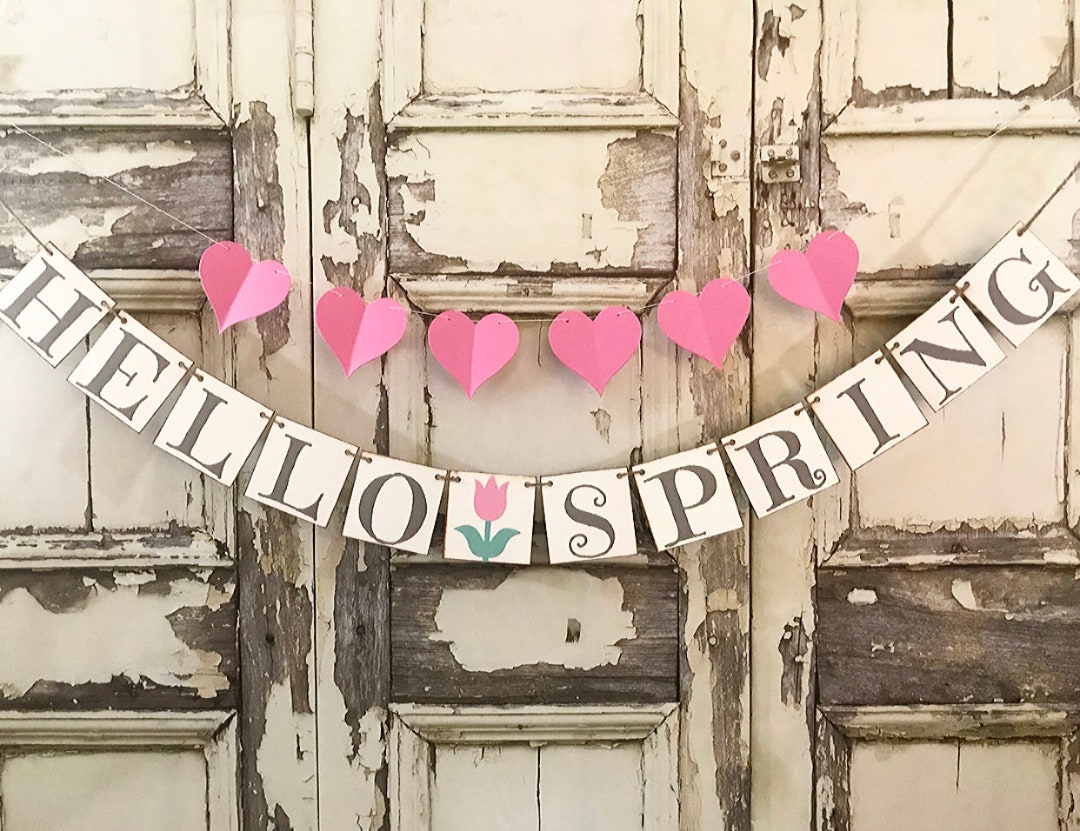 Hello Spring Banner, Pink Heart Garland, Spring Decoration, Spring ...