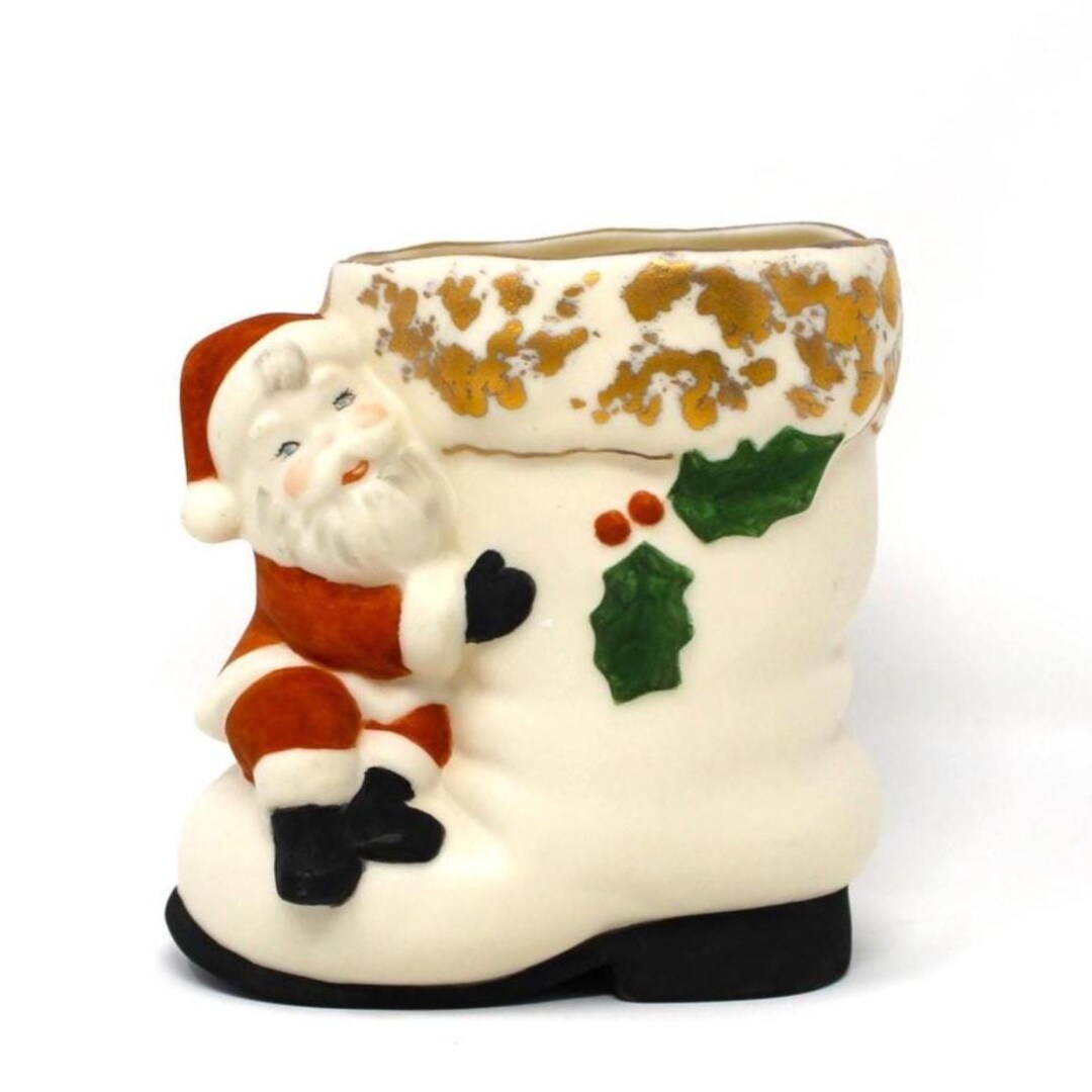 Vintage Santa Boot Planter / Vase, Fine Porcelain Bisque, Hand Painted ...