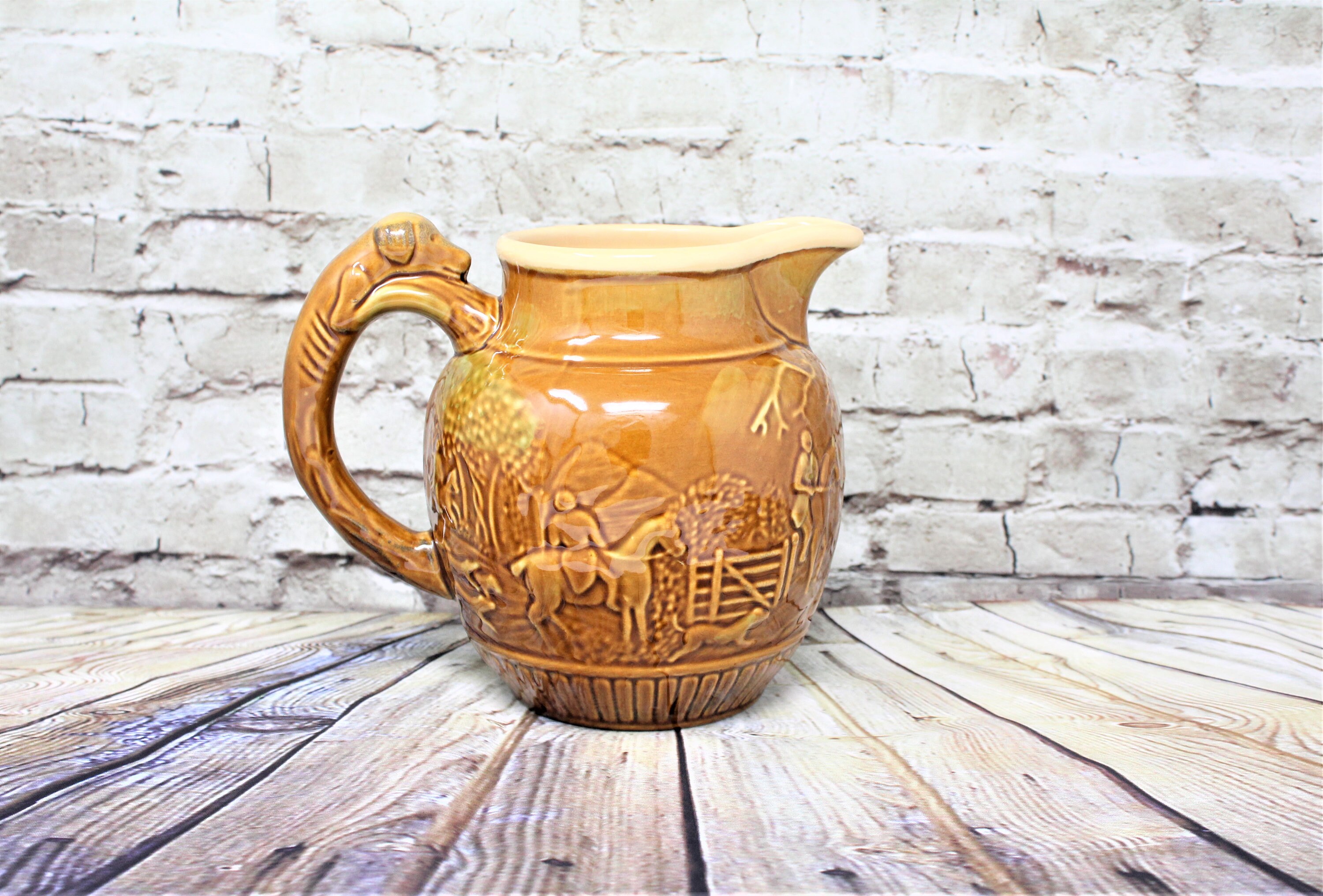 Dog Handle Pitcher / Hunting Scene Embossed Design Vintage | Etsy
