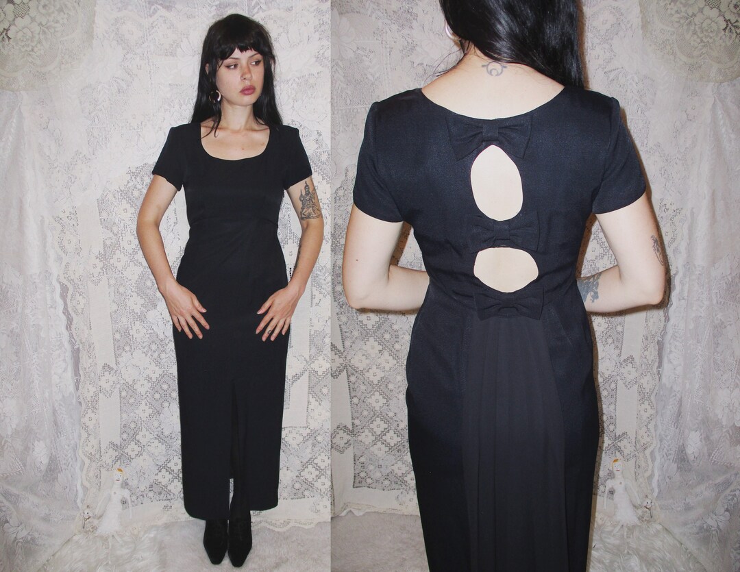 90s Black Formal Maxi Dress Back Cut Outs and Bows Chiffon - Etsy
