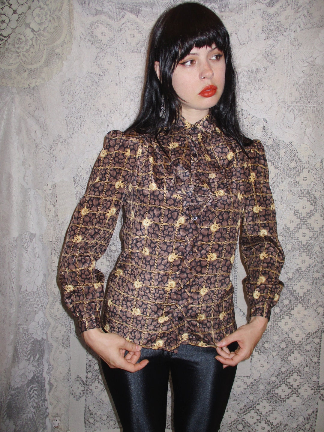 80s Brown Blouse Yellow Floral Grid Pattern Puff Sleeves Ruffles Neck ...