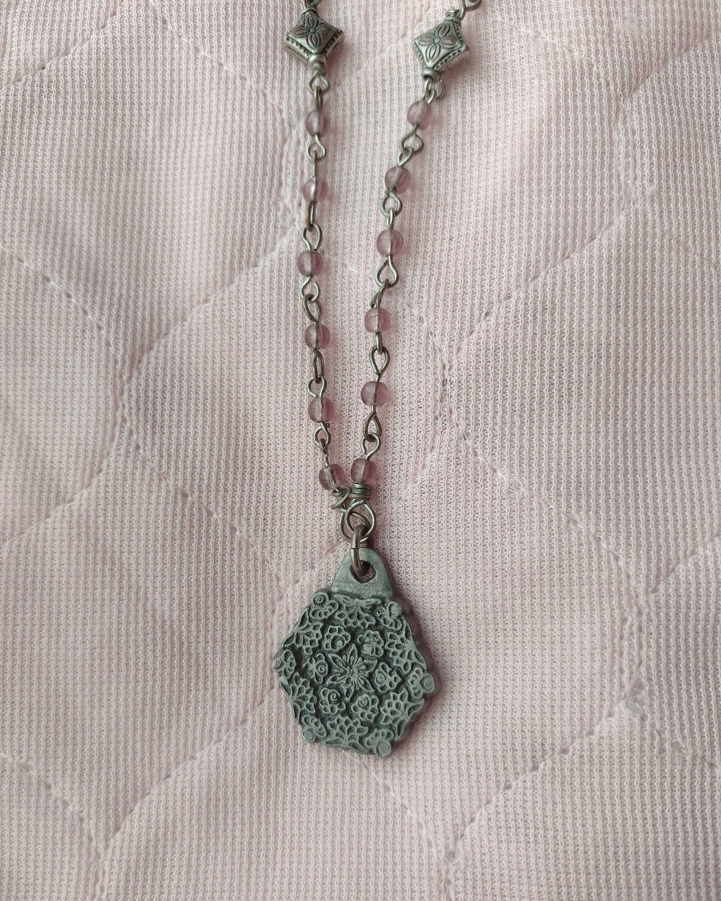 Y2K Beaded Wire Chain Necklace Ornate Hexagon Pendant With Floral ...