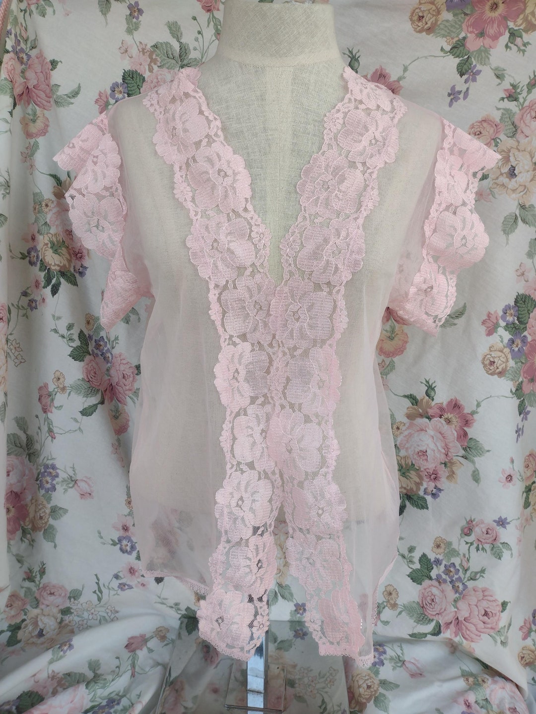 Pastel Pink Negligee Jacket Thick Floral Lace Trim Open Front Sheer See ...