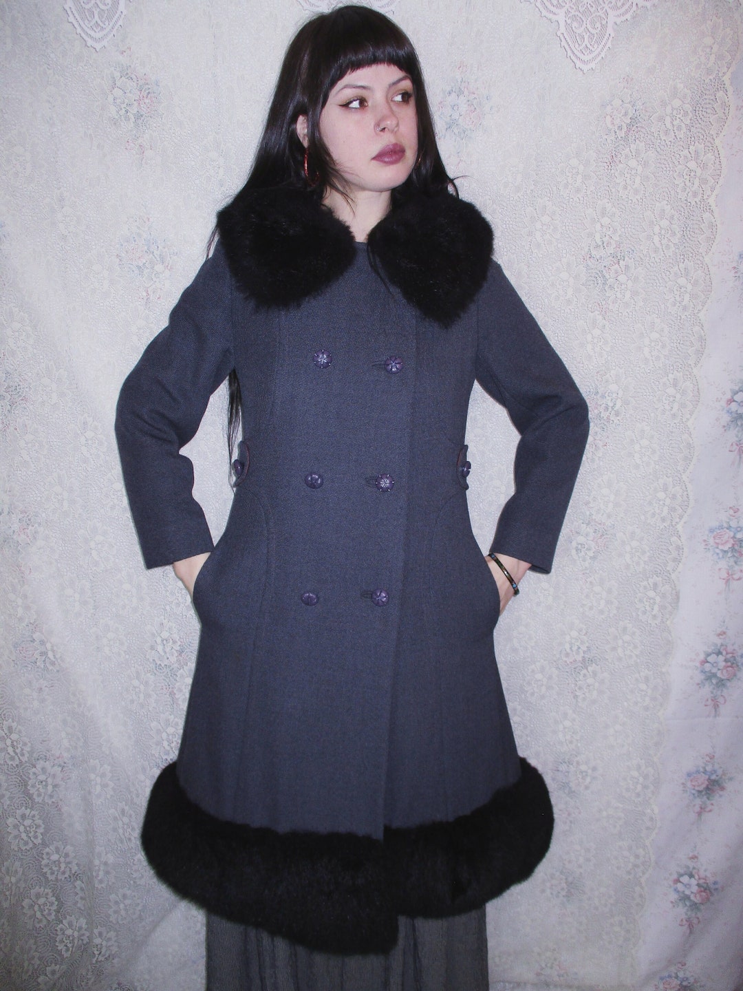 60s 70s Grey Russian Princess Coat Black Fur Trimmed Collar and Hem ...