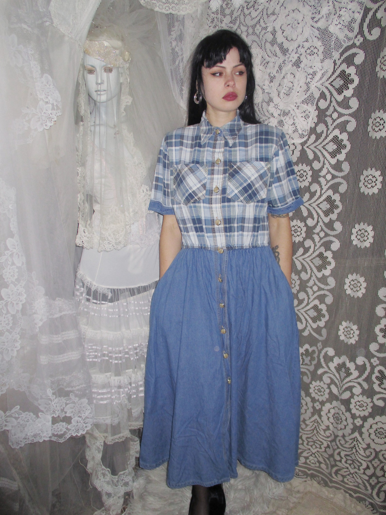 90s Blue Plaid and Denim Button up Long Maxi Dress With - Etsy