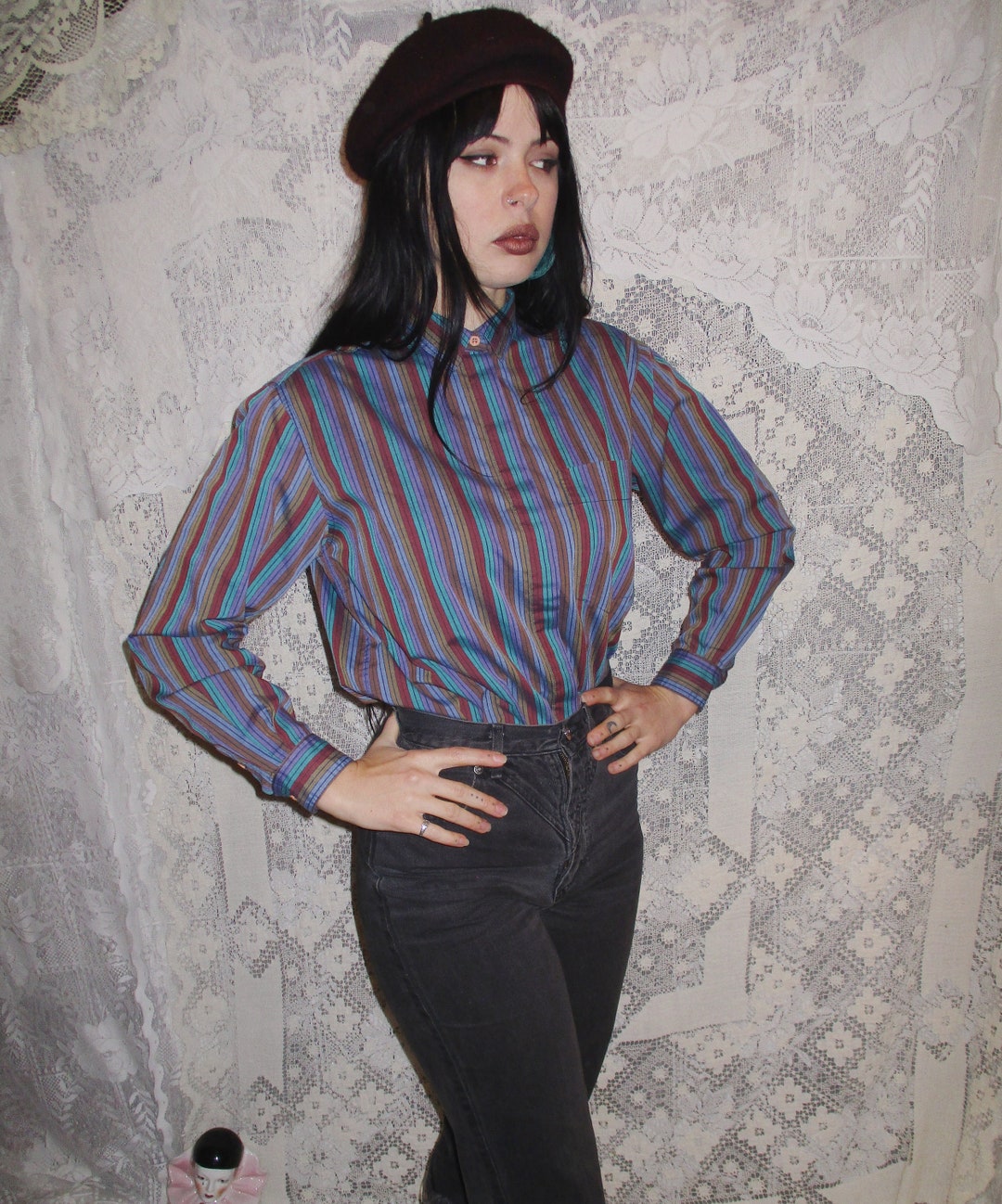 Striped Button up Shirt Front Pocket 80s 90s Dark Muted Olive Green Red ...