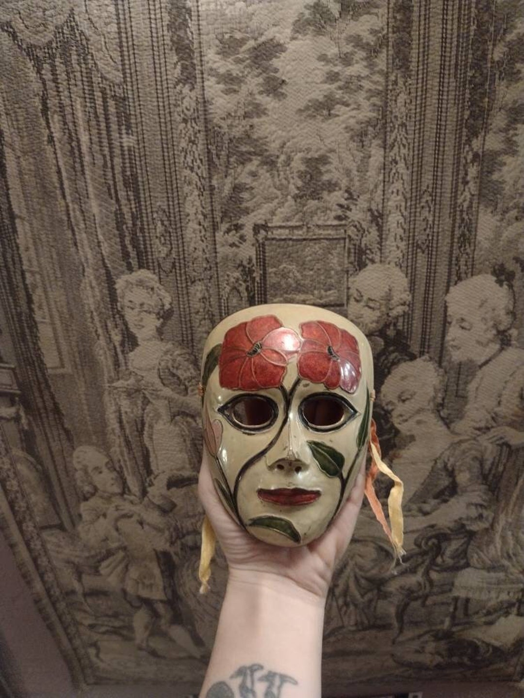 Brass Mask Enamel Floral 80s Theatre Mask Faded Ribbons Art Deco Opera ...