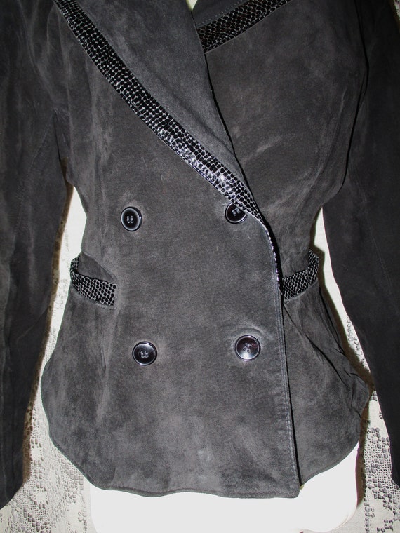 80s Black Suede Leather Jacket with Snake Skin Detail… - Gem