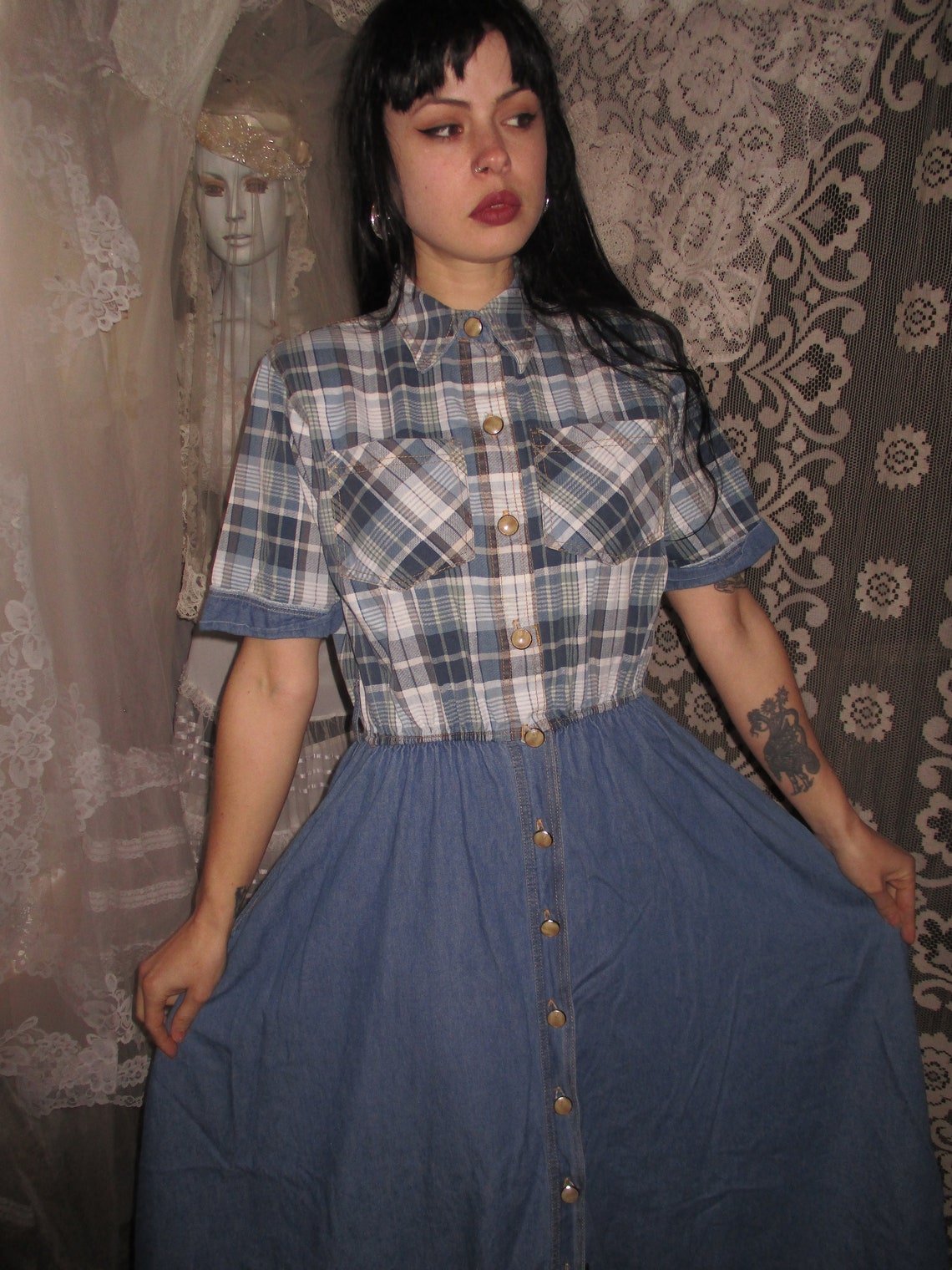 90s Blue Plaid and Denim Button up Long Maxi Dress with | Etsy