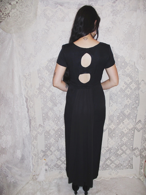 90s Black Formal Maxi Dress Back Cut Outs and Bows Ch… - Gem