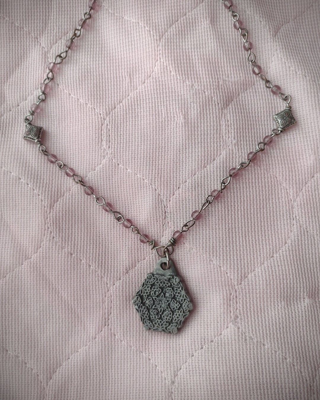 Y2K Beaded Wire Chain Necklace Ornate Hexagon Pendant With Floral ...