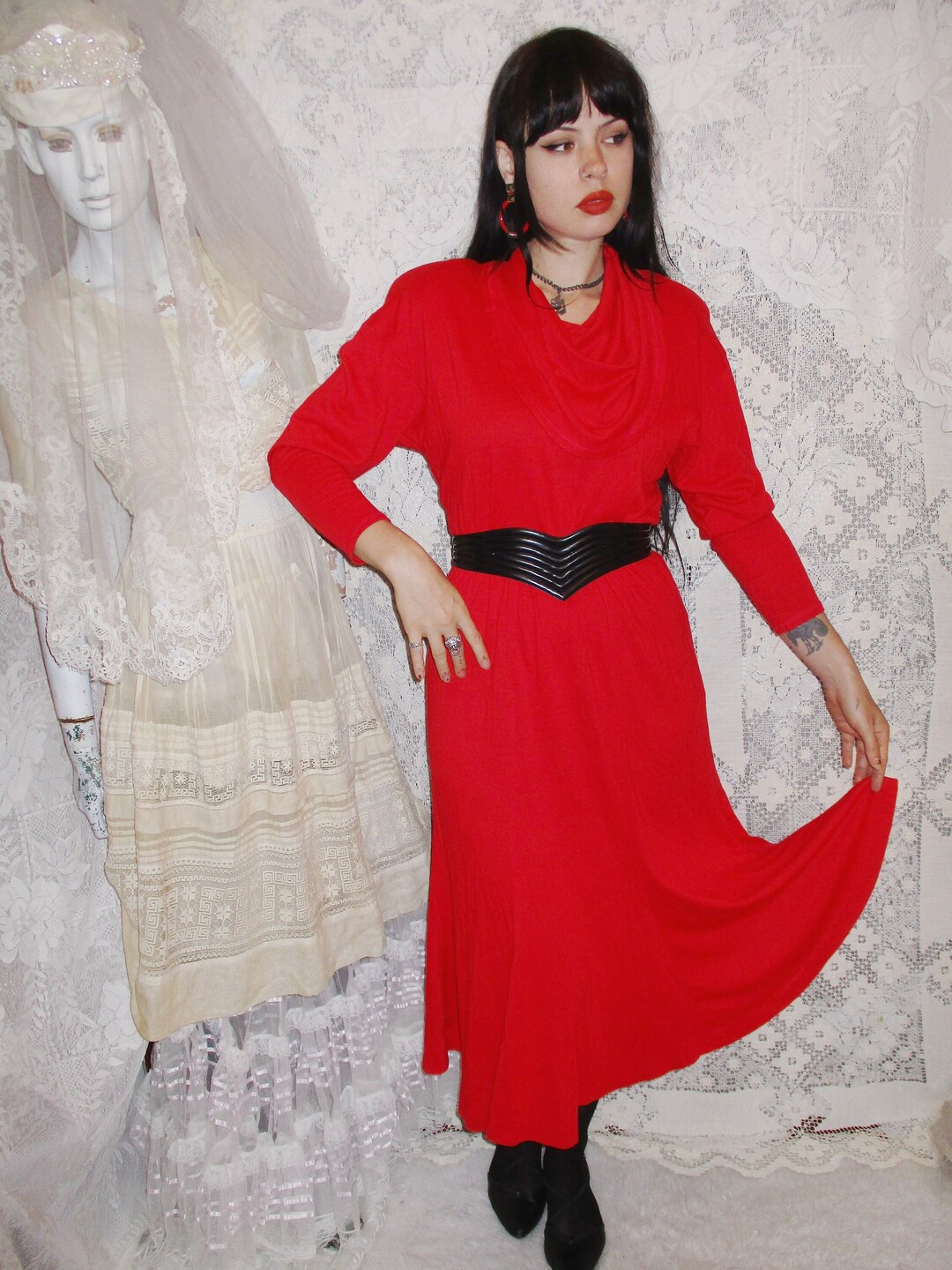 80s Bright Red Midi Dress With Cowl Neck & Shoulder Pads L Rothschild ...