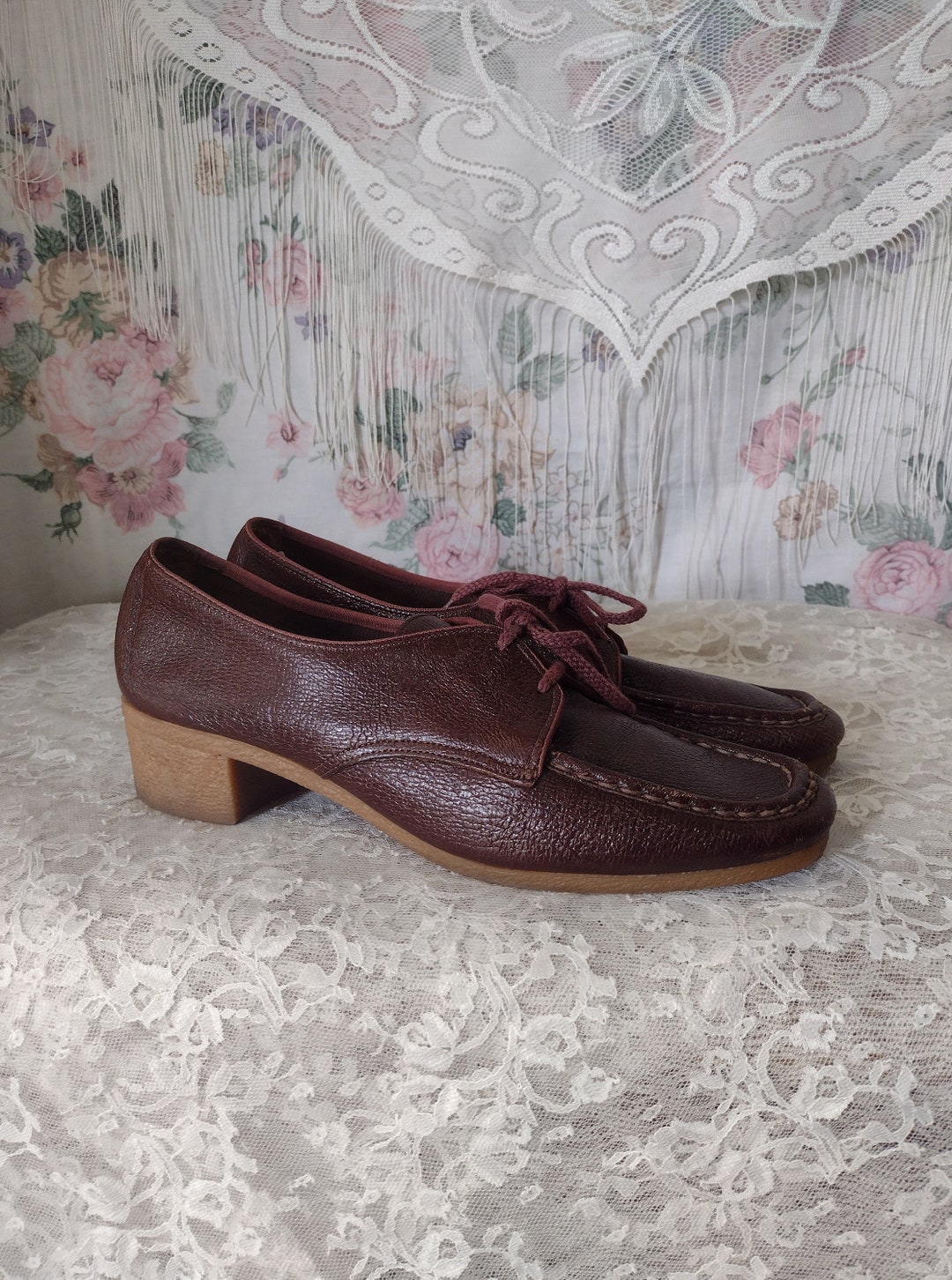 70s Brown Leather Moc Toe Shoes Crepe Gum Sole Rubber Low Block Heel ...