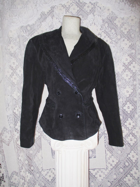 80s Black Suede Leather Jacket with Snake Skin Detail… - Gem