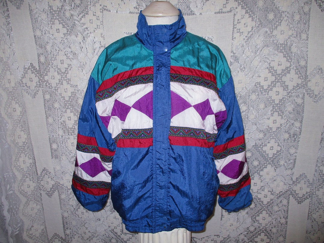 90s Windbreaker Stripes Diamond Pattern Blue Red Teal Purple Pockets ...
