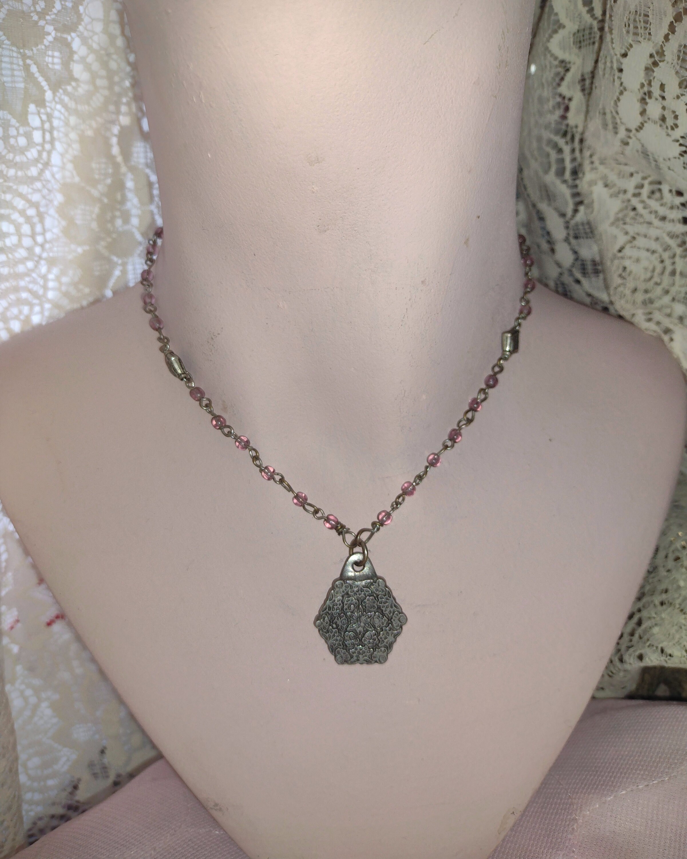 Y2K Beaded Wire Chain Necklace Ornate Hexagon Pendant With Floral ...