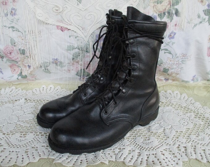 Black Leather Army Combat Boots Ripple Sole Quick Lace up Front Goth ...