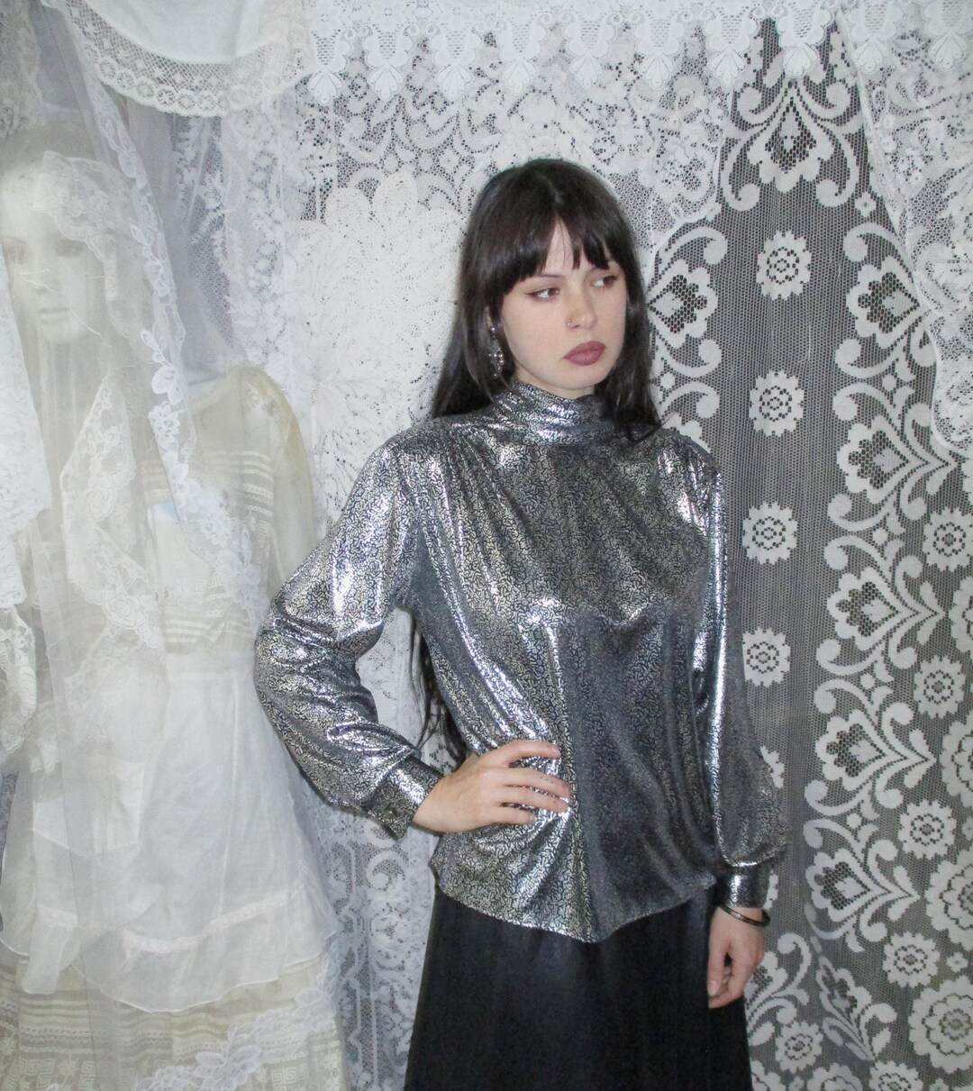 80s Liquid Silver Lamé Blouse Notations Ruched Turtleneck Shoulder Pads ...