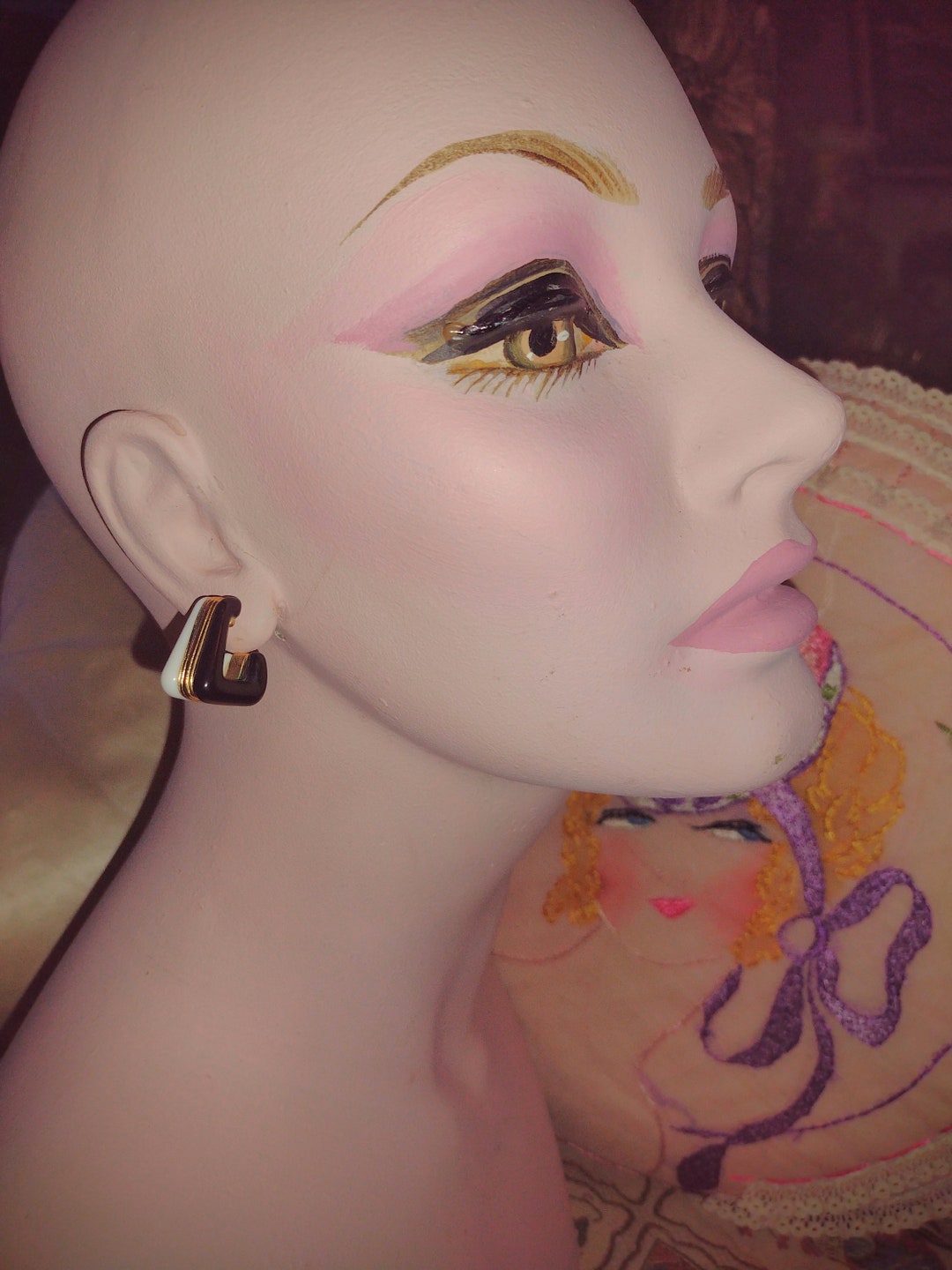 Trifari Small Black White & Gold Triangle Plastic Hoop Earrings Bent ...