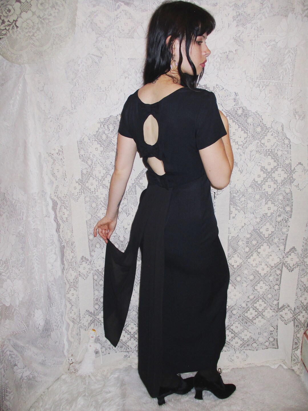 90s Black Formal Maxi Dress Back Cut Outs and Bows Chiffon Drape Panel ...