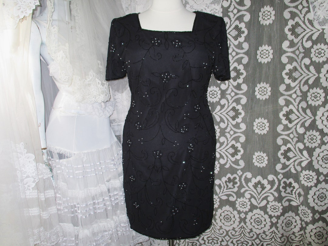 Size 1X 90s Y2k Black Floral Beaded Short Dress Early 2000s Square ...