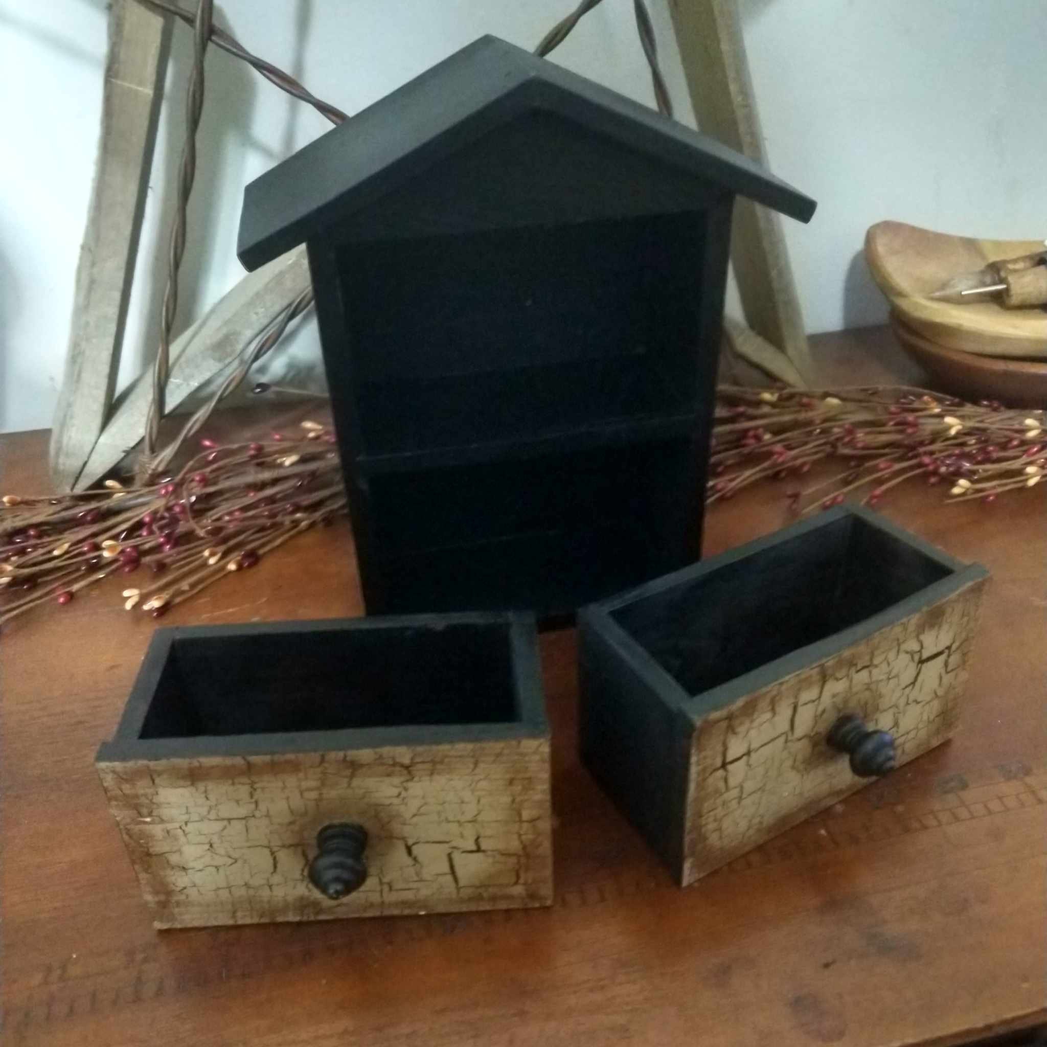 Primitive Wood Cubby Cabinet Drawers Black Tan Crackle Star Country ...