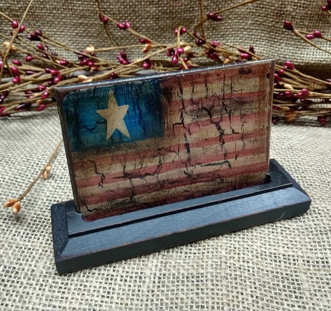 Business Card Holder American Flag Hand Painted Crackle Wood Americana ...