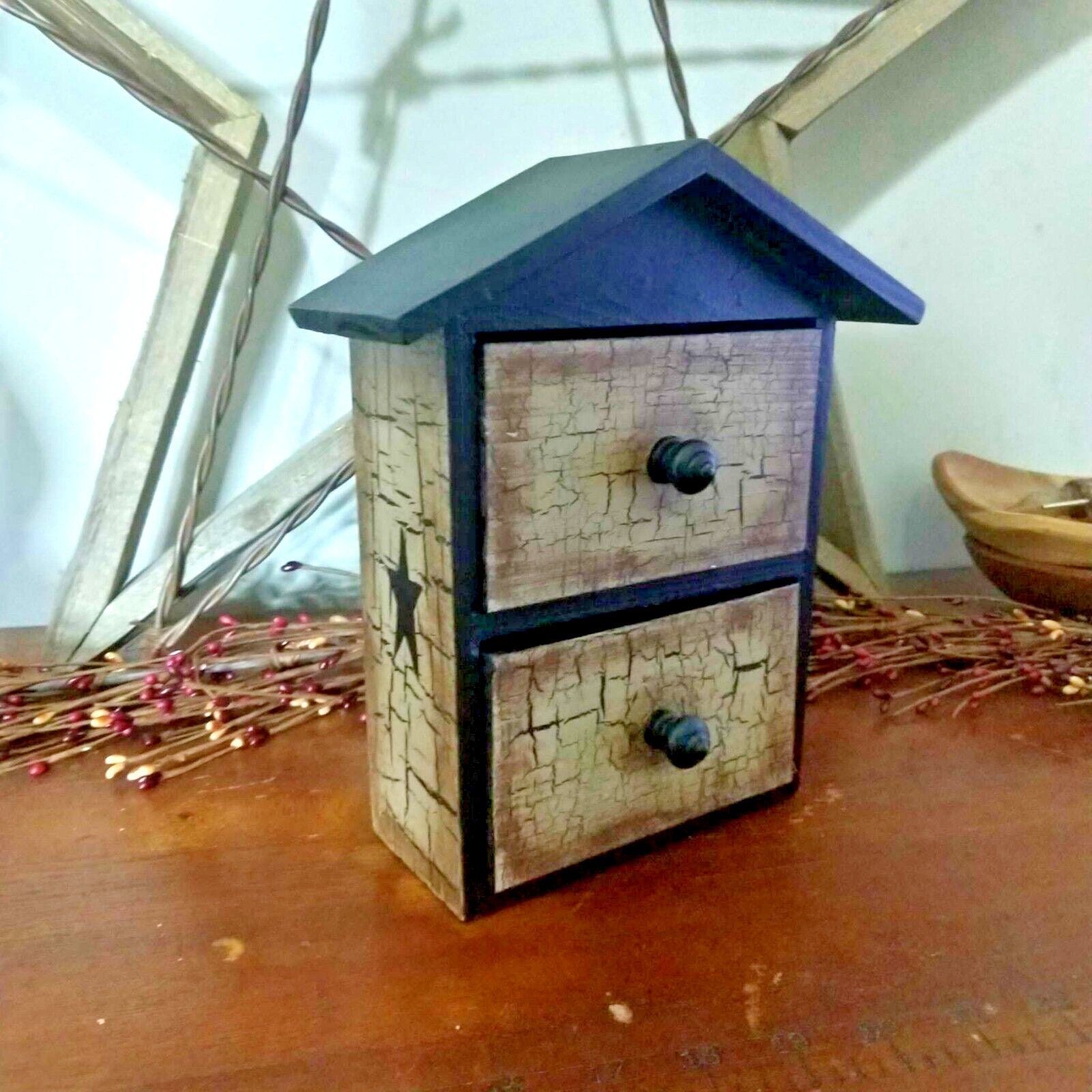 Primitive Wood Cubby Cabinet Drawers Black Tan Crackle Star Country ...