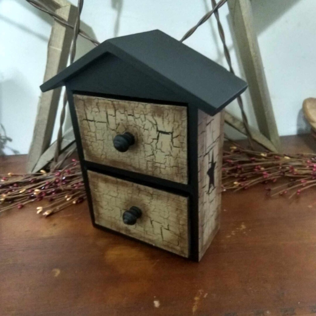 Primitive Wood Cubby Cabinet Drawers Black Tan Crackle Star - Etsy