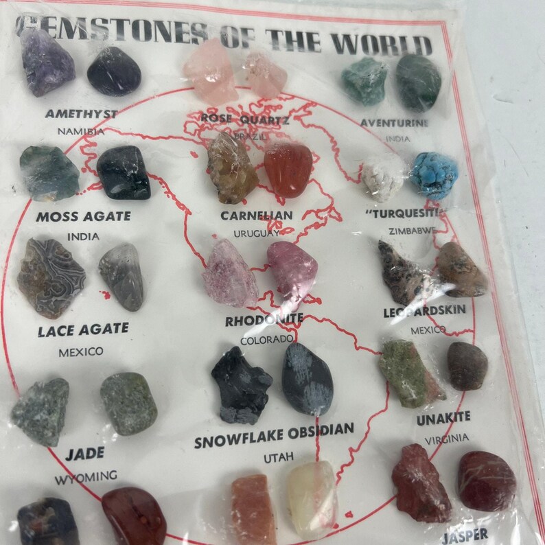 Vintage Gemstones of the World Display Card 30 Rough & Polished Geology ...
