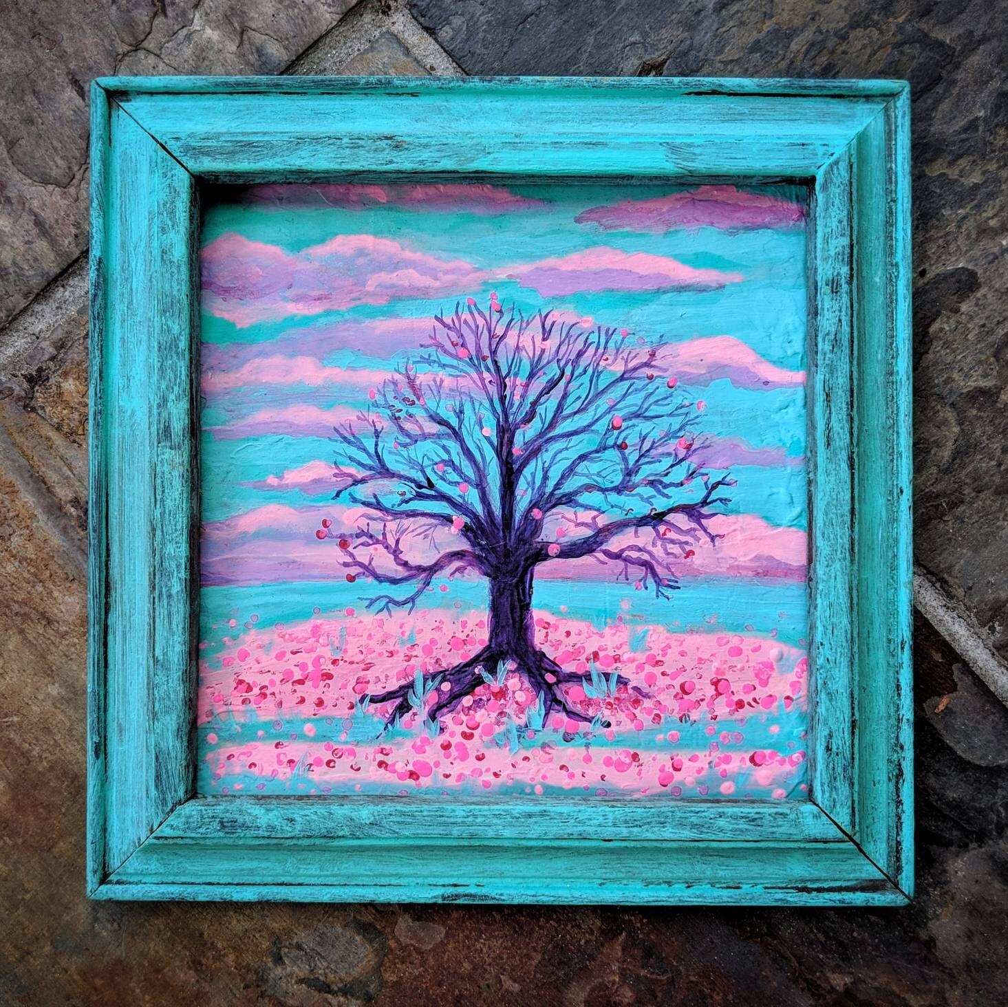 Tree of Life Acrylic Painting in Turquoise Blue Pink and - Etsy Norway
