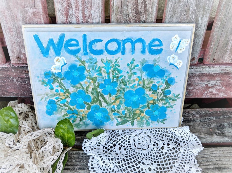 Large Welcome Sign Hand Painted in Gray With Blue Flowers and | Etsy
