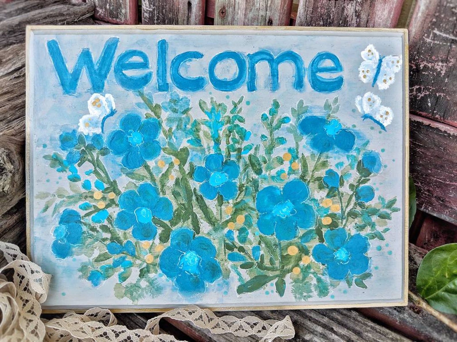 Large Welcome Sign Hand Painted in Gray With Blue Flowers and | Etsy