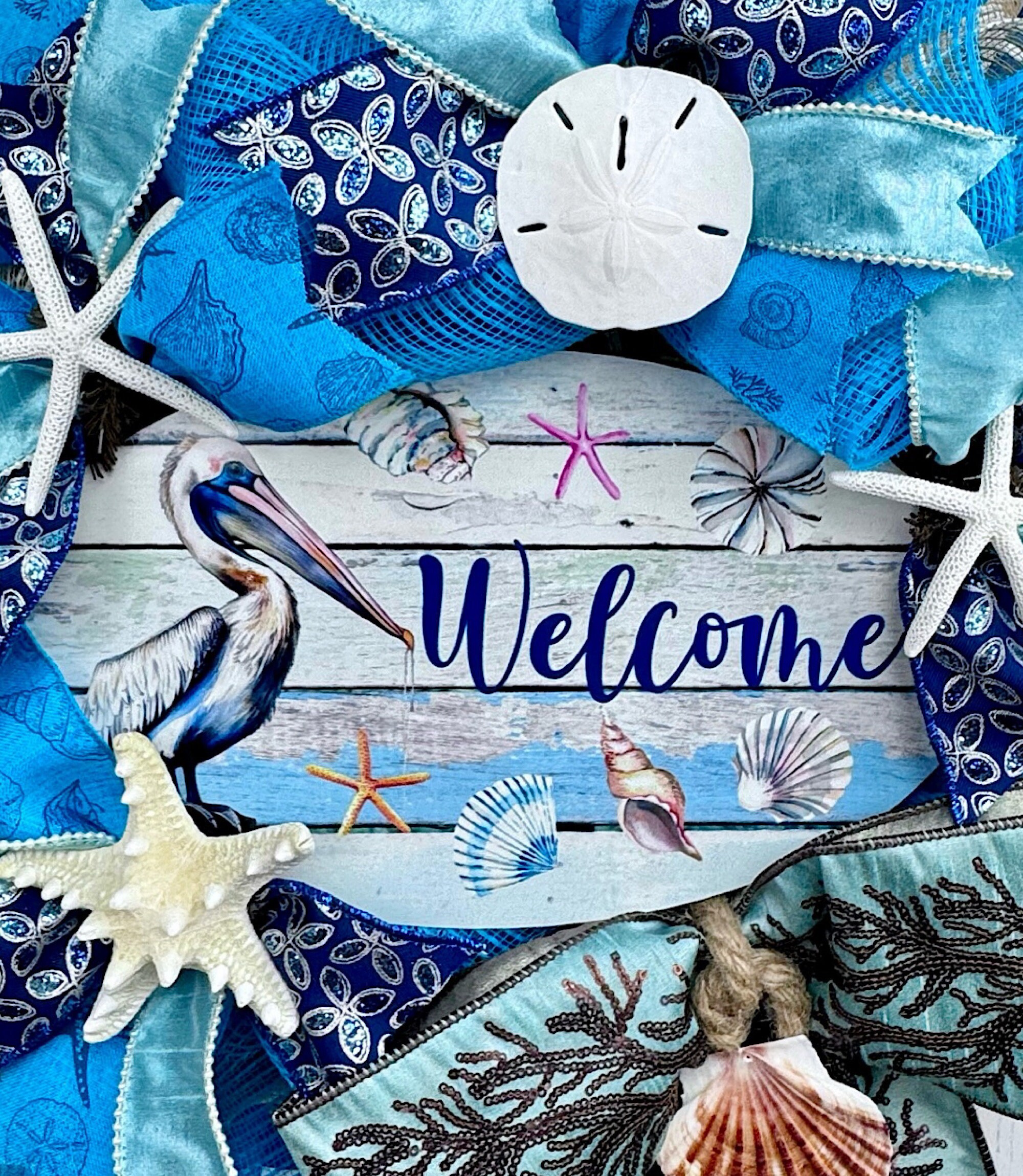 Turquoise & Beautiful Beachy Blues Welcome Pelican Beach Coastal Wreath ...