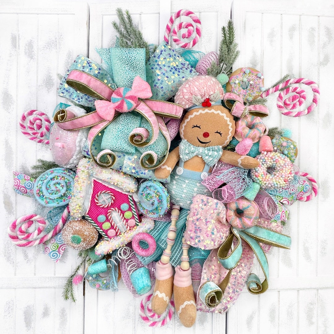 Deluxe Gingerbread Christmas Wreath, Pink Blue Candy Land Bakery ...