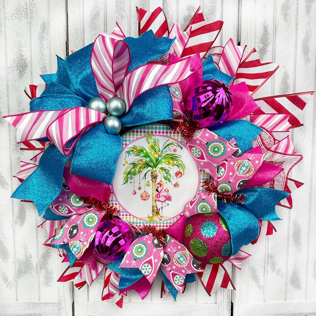 Flamingo Christmas Wreath: Coastal Beach Front Door Decoration - Etsy