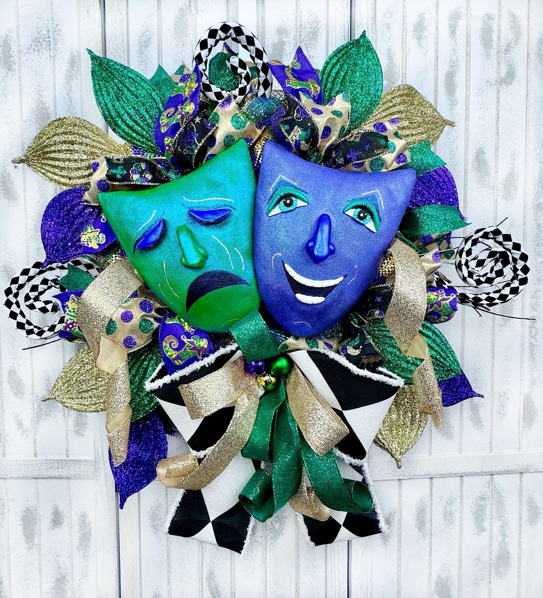 Handmade Comedy Tragedy Mardi Gras Deluxe Deco Mesh Wreath, NOLA Front ...